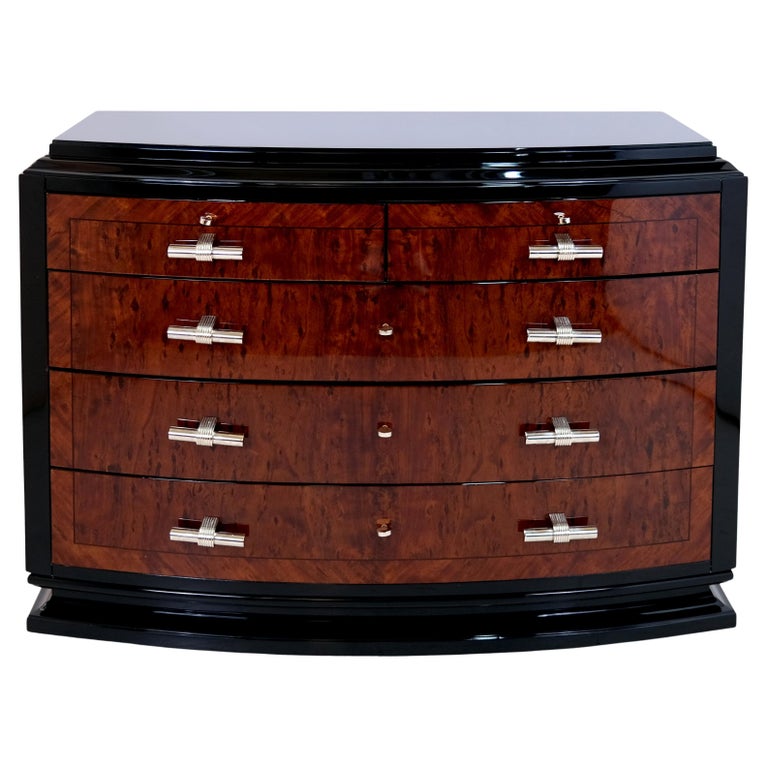 Art Deco Commode with Convex Front in Wood Veneer and Black Lacquered ...