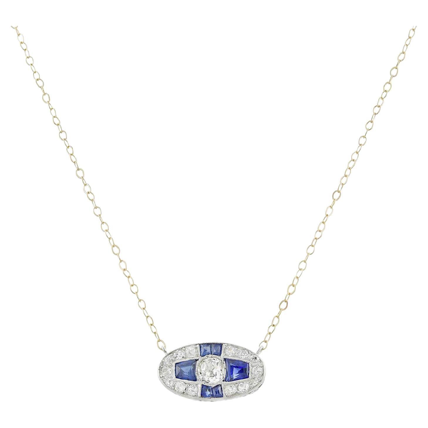 Art Deco Diamond and Sapphire Pendant Necklace at 1stDibs
