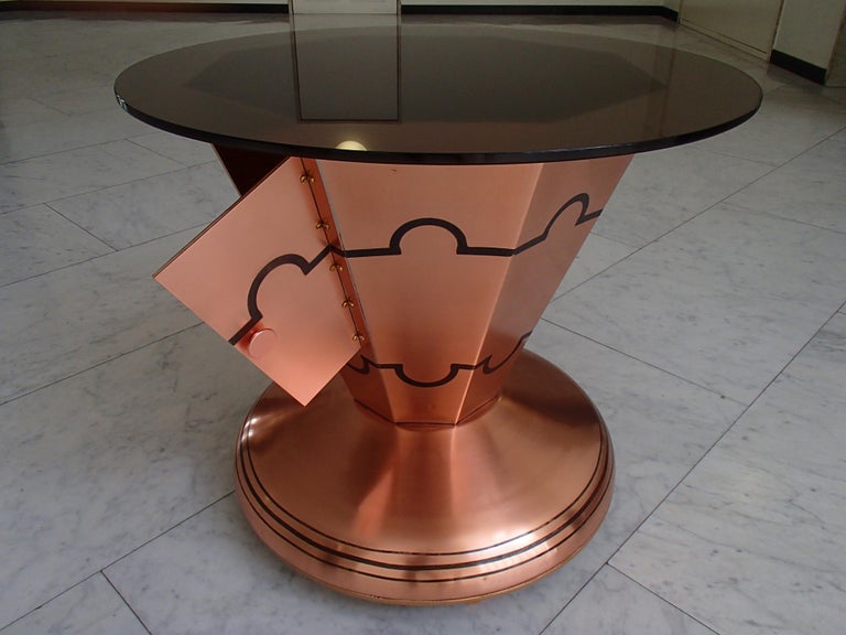 Art Deco Copper Bar Table on Wheels with Turnable Tray Inside and Glass ...