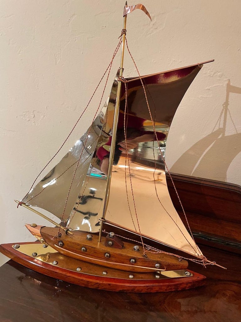 Art Deco Copper, Chrome, Brass and Wooden Sailing Boat Sculpture For ...