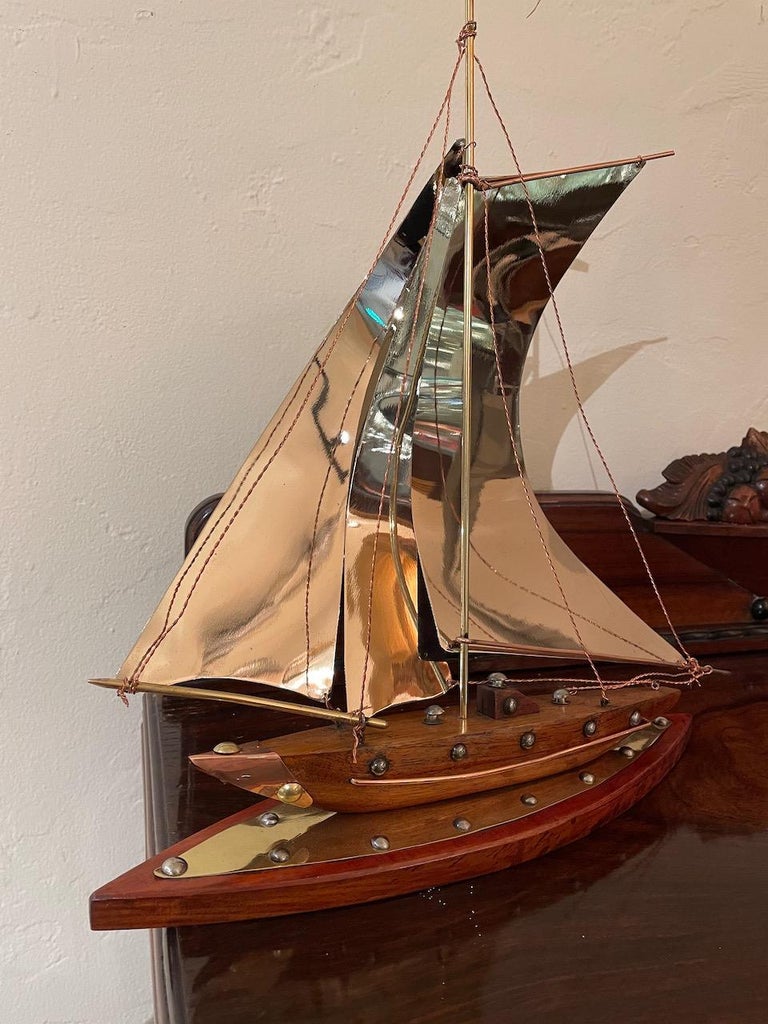 Art Deco Copper, Chrome, Brass and Wooden Sailing Boat Sculpture For ...