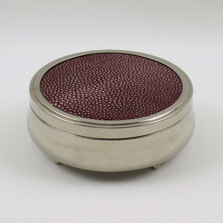 Art Deco Covered Round Box Chrome and Red Shagreen at 1stDibs