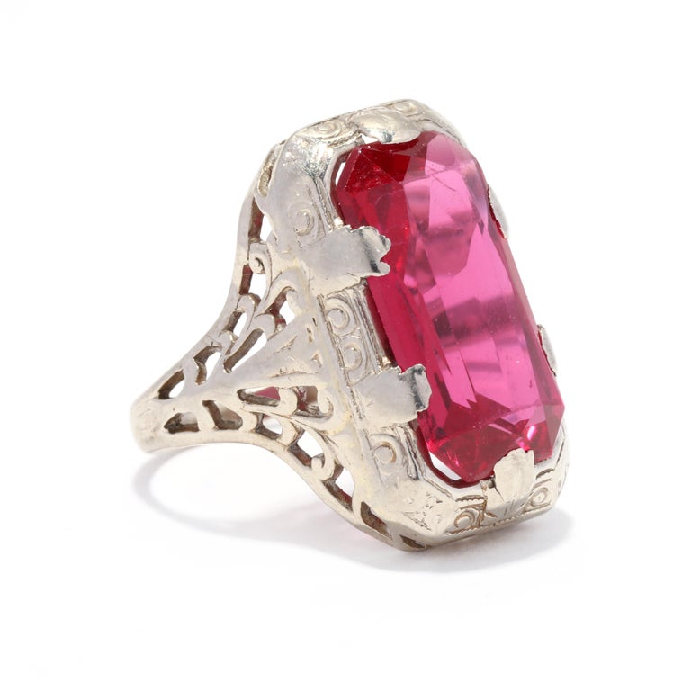 Art Deco Created Ruby Filigree Ring, 14K White Gold, Ring, Rectangle ...