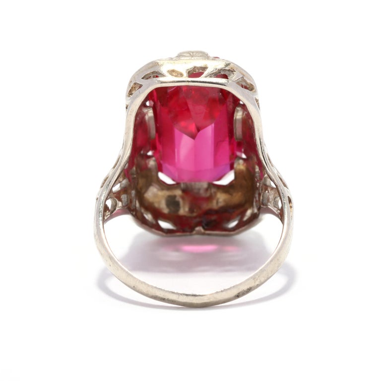 Art Deco Created Ruby Filigree Ring, 14K White Gold, Ring, Rectangle ...