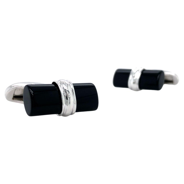 Art Deco Style Cufflinks with Cylindrical Black Onyx Bars, 18k White ...