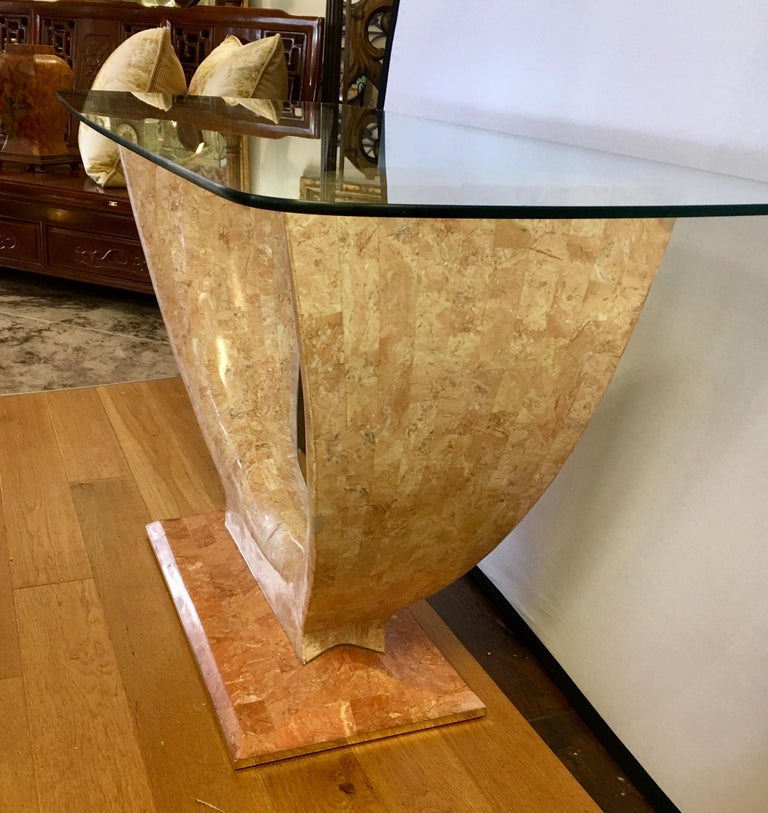 Art Deco Curved Marble Console Table Bar with Glass Top For Sale at 1stDibs