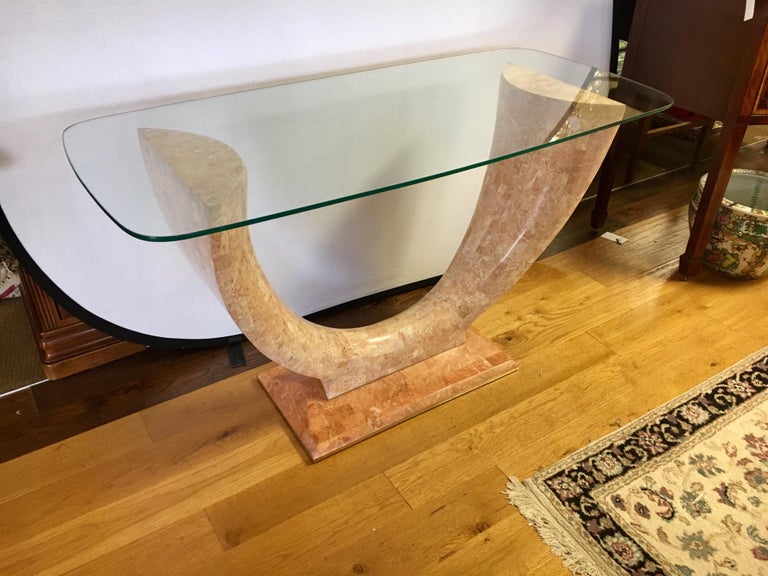 Art Deco Curved Marble Console Table Bar with Glass Top For Sale at 1stDibs