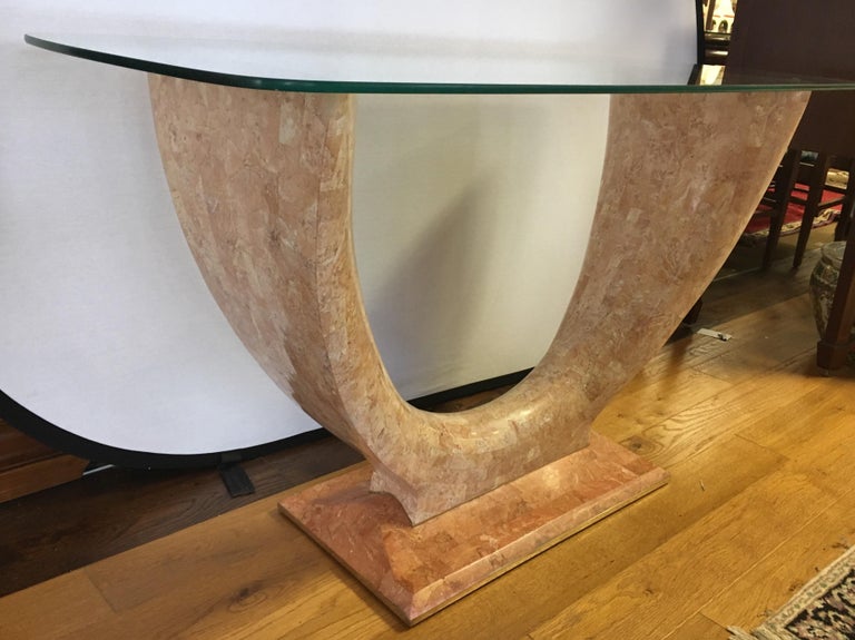Art Deco Curved Marble Console Table Bar with Glass Top For Sale at 1stDibs
