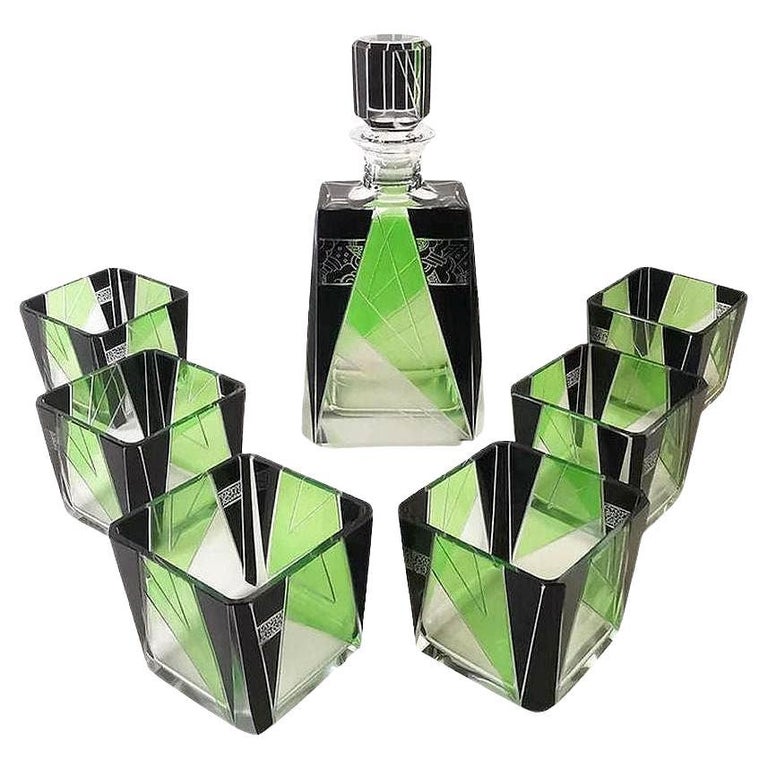 Art Deco Cut Glass Enamel Decanter Set, By Karl Palda, Czech, c1930 For ...