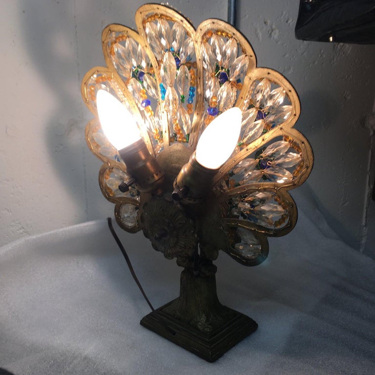 Art Deco Czech Bronze and Crystal Beaded Peacock Table Lamp For Sale at ...