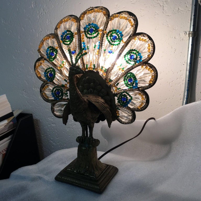 Art Deco Czech Bronze and Crystal Beaded Peacock Table Lamp For Sale at ...