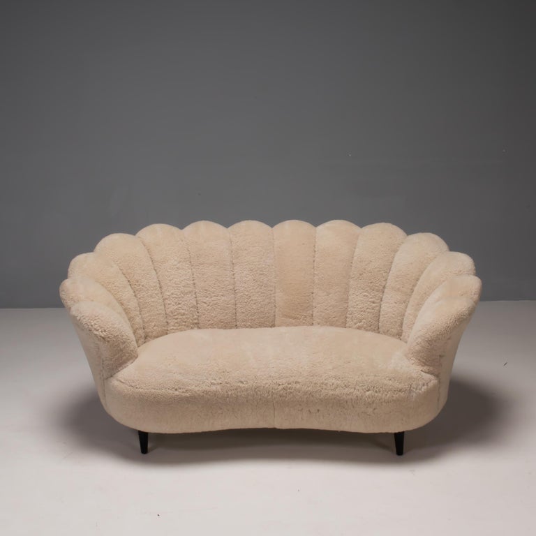 Art Deco Danish Cream Shearling Bouclé Scalloped Sofa For Sale at 1stDibs