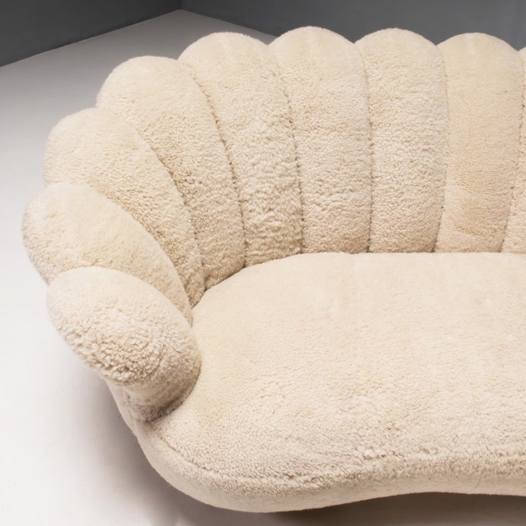 Art Deco Danish Cream Shearling Bouclé Scalloped Sofa For Sale at 1stDibs