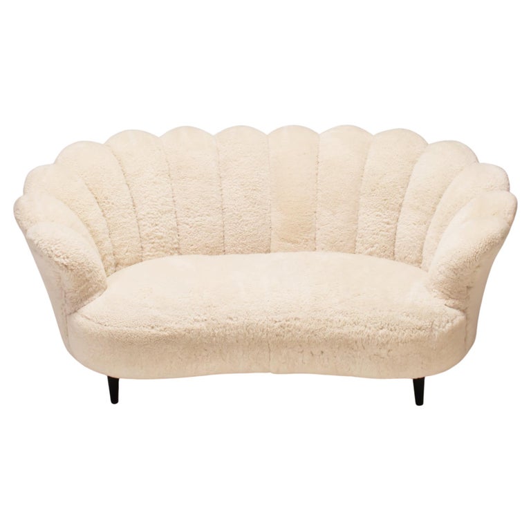 Art Deco Danish Cream Shearling Bouclé Scalloped Sofa For Sale at 1stDibs