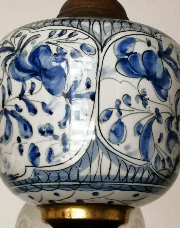 Art Deco Delft Blue Porcelain, Gilt Bronze and Etched Glass Oil Lamp ...