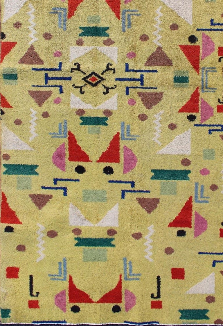 Mid-Century Modern Vintage Turkish Rug in Yellow Background and Multi ...