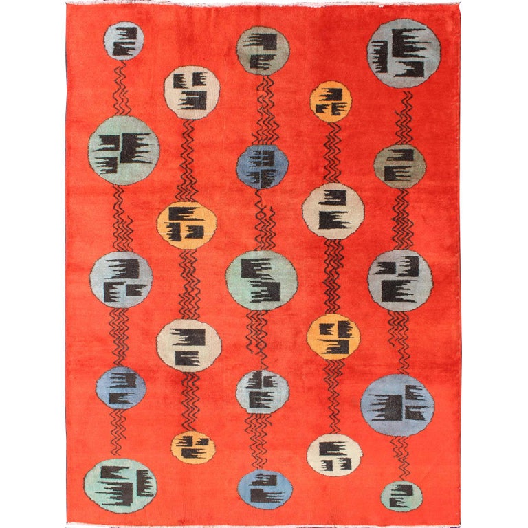 Art Deco Design Vintage Turkish Rug with Circular Motifs in Orange Red ...
