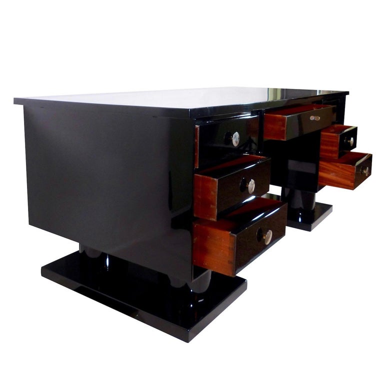 Art Deco Desk with Seven Drawers in Black Piano Lacquer, France, 1930s ...