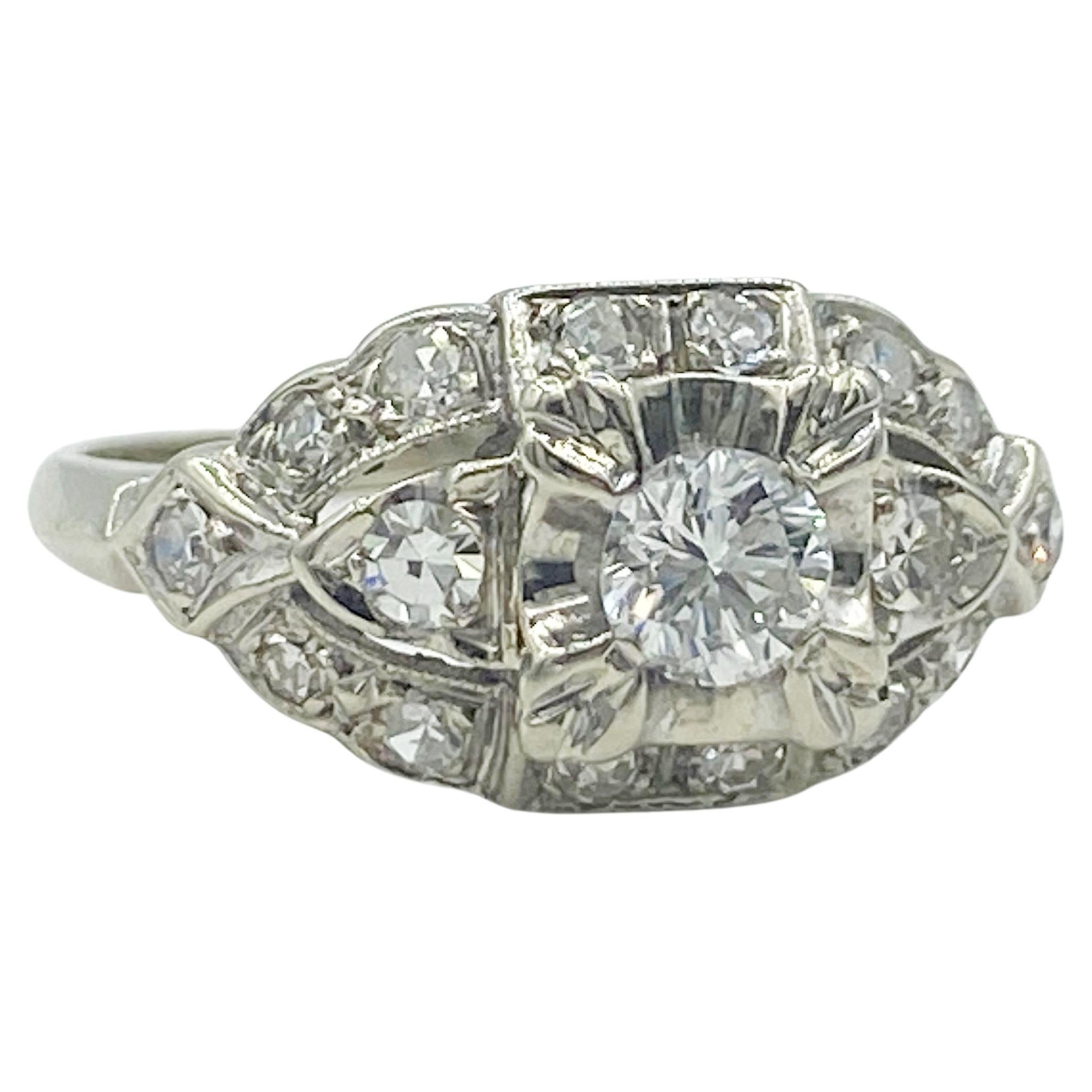 Art Deco 17 Diamonds 14k White Gold Oval Halo Milgrain Vintage Engagement Ring For Sale at ...