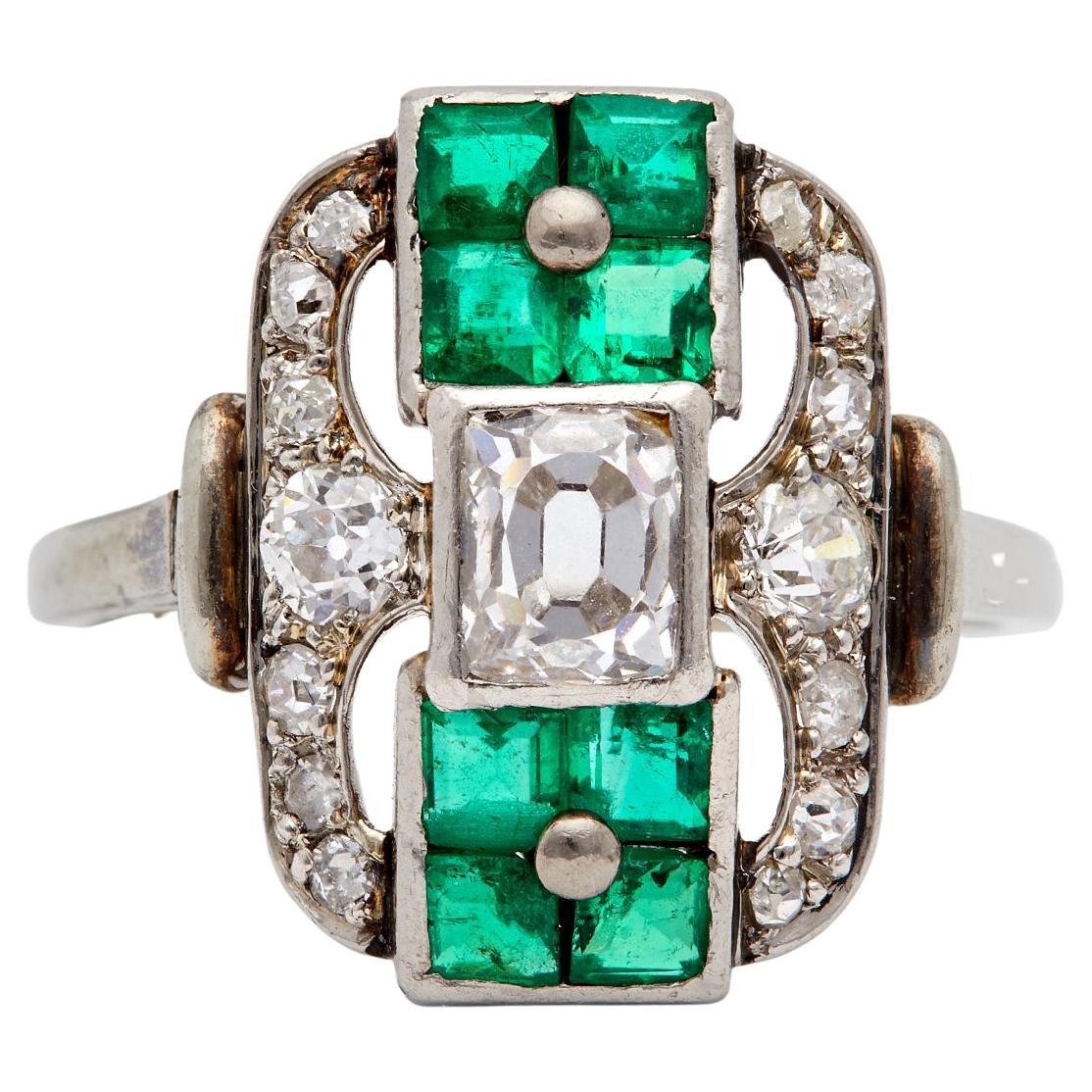 Art Deco Emerald and Diamond 18k Two Tone Gold Dinner Ring For Sale at ...