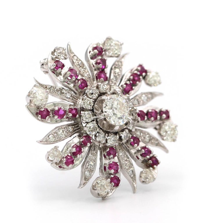 Art Deco Diamond and Ruby Sunburst Brooch For Sale at 1stDibs