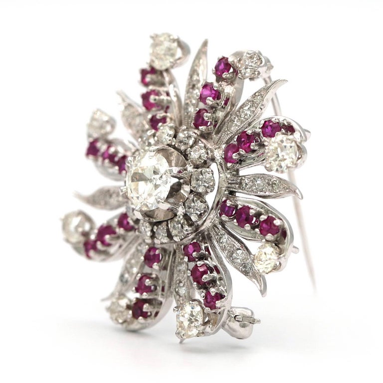 Art Deco Diamond and Ruby Sunburst Brooch For Sale at 1stDibs