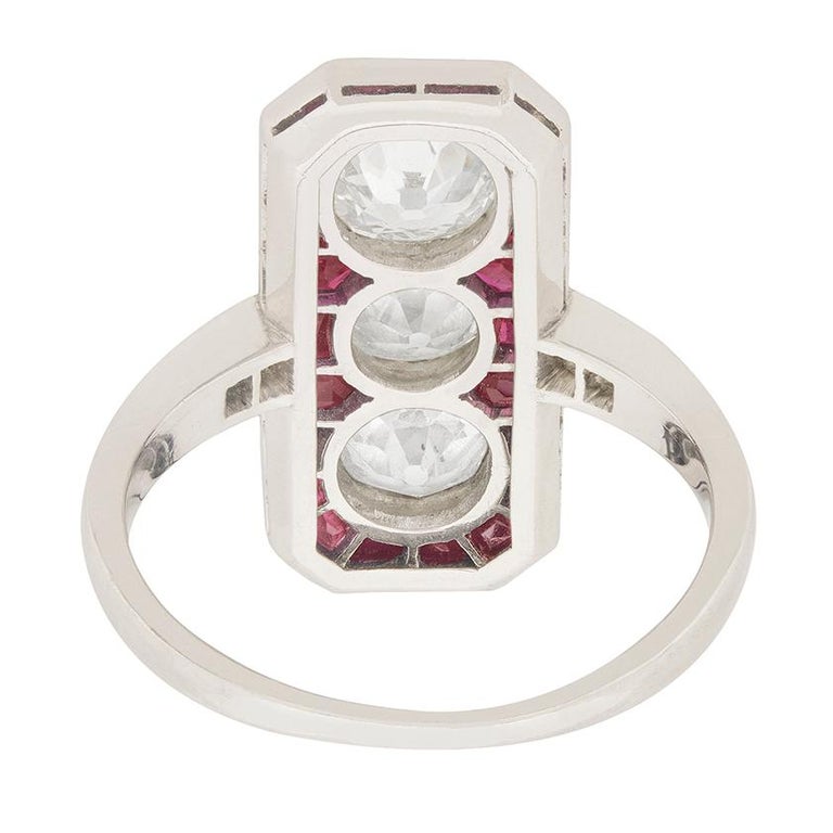 Art Deco Diamond and Ruby Three-Stone Halo Ring, circa 1920s For Sale ...