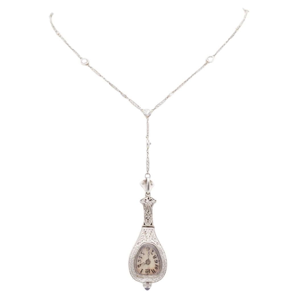Art Deco Diamond and Sapphire Platinum Lavaliere Necklace Watch For ...