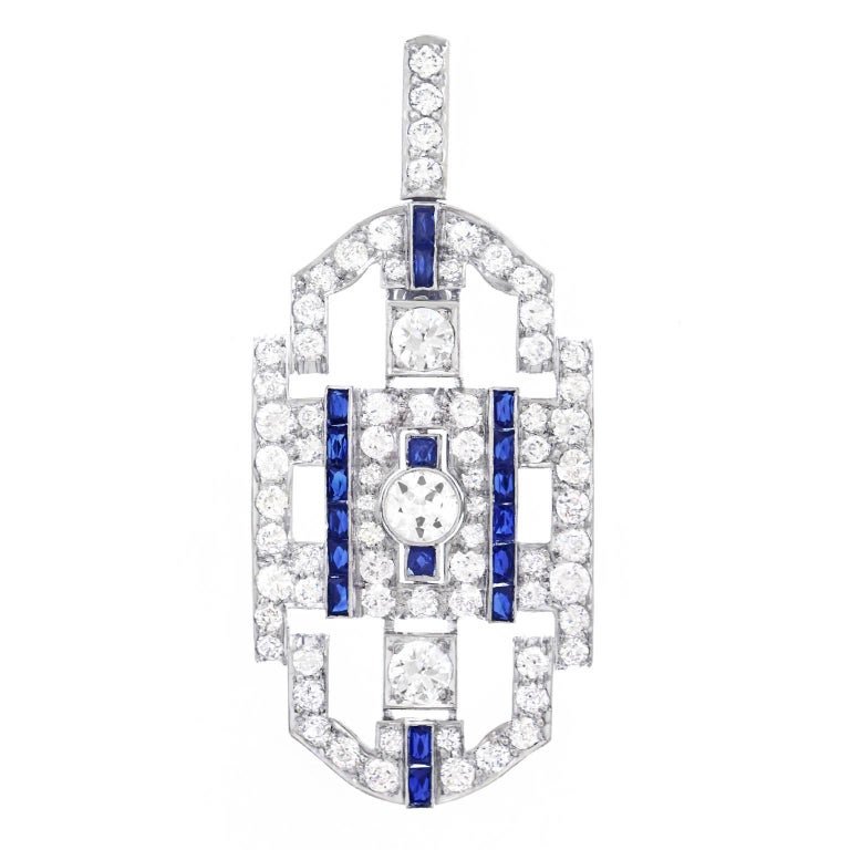 Art Deco Diamond and Sapphire Set Platinum Pendant at 1stDibs