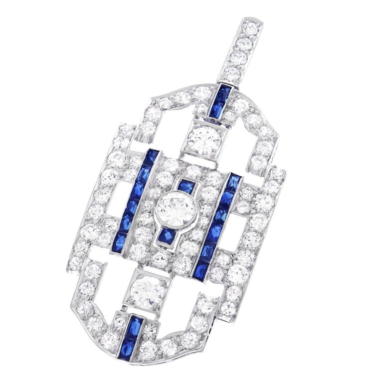 Art Deco Diamond and Sapphire Set Platinum Pendant at 1stDibs