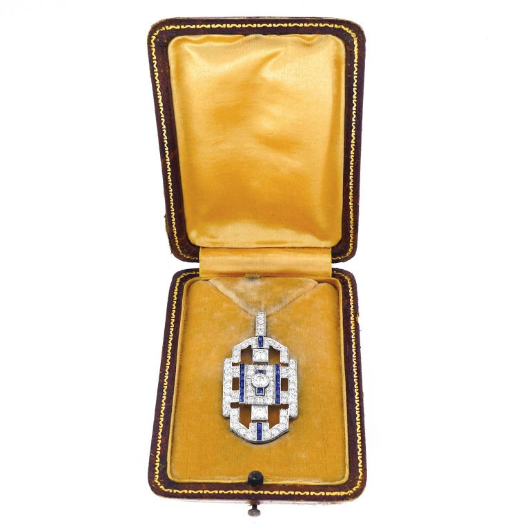 Art Deco Diamond and Sapphire Set Platinum Pendant at 1stDibs