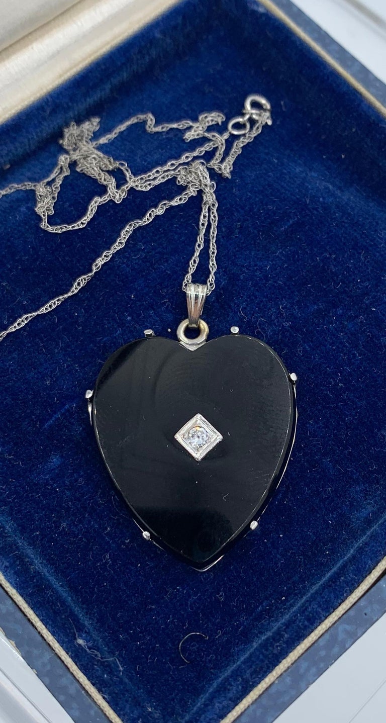 Art Deco Diamond Black Onyx Heart Pendant Necklace 14 Karat White Gold ...