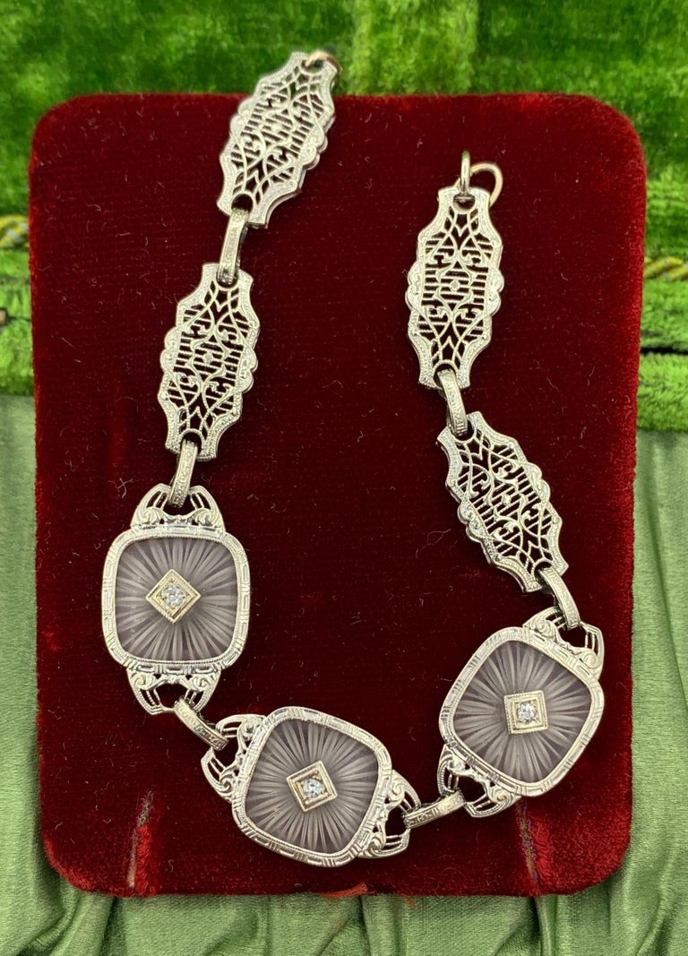 Art Deco Diamond Bracelet Frosted Rock Crystal 14 Karat White Gold ...