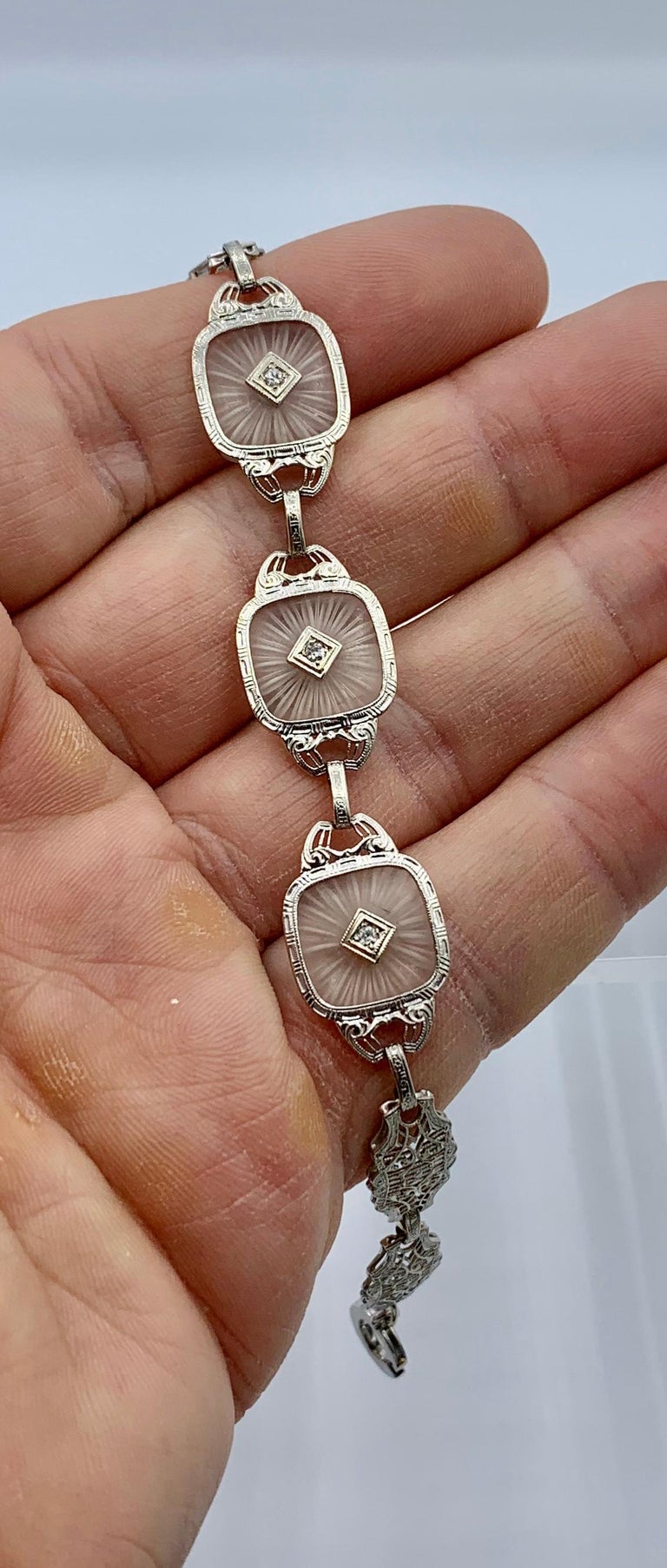 Art Deco Diamond Bracelet Frosted Rock Crystal 14 Karat White Gold ...