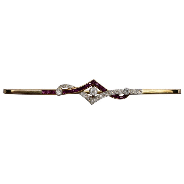Art Deco Diamond Calibre Cut Ruby Platinum and Yellow Gold Bar Pin For ...