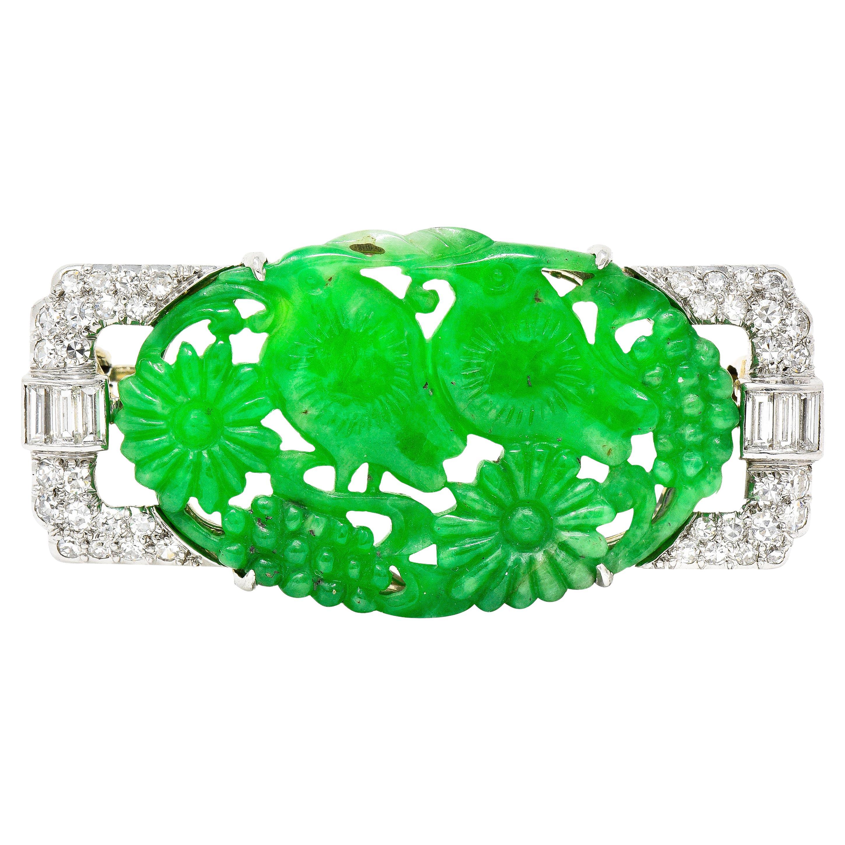 Art Deco Diamond Carved Jade Platinum 18 Karat White Gold Floral Bird ...