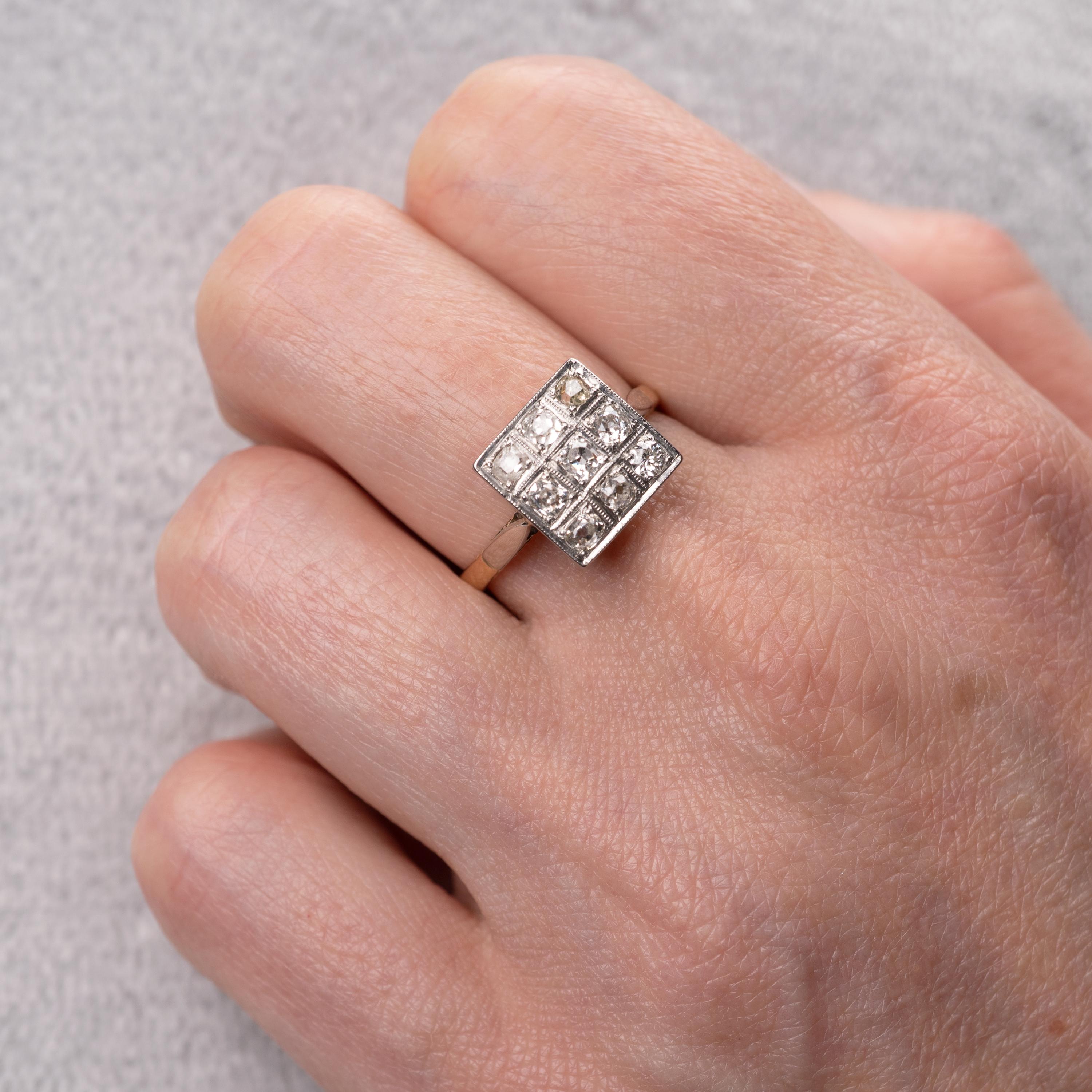 Art Deco Diamond Cocktail Ring Square Setting Old Cuts 18 Karat Gold ...