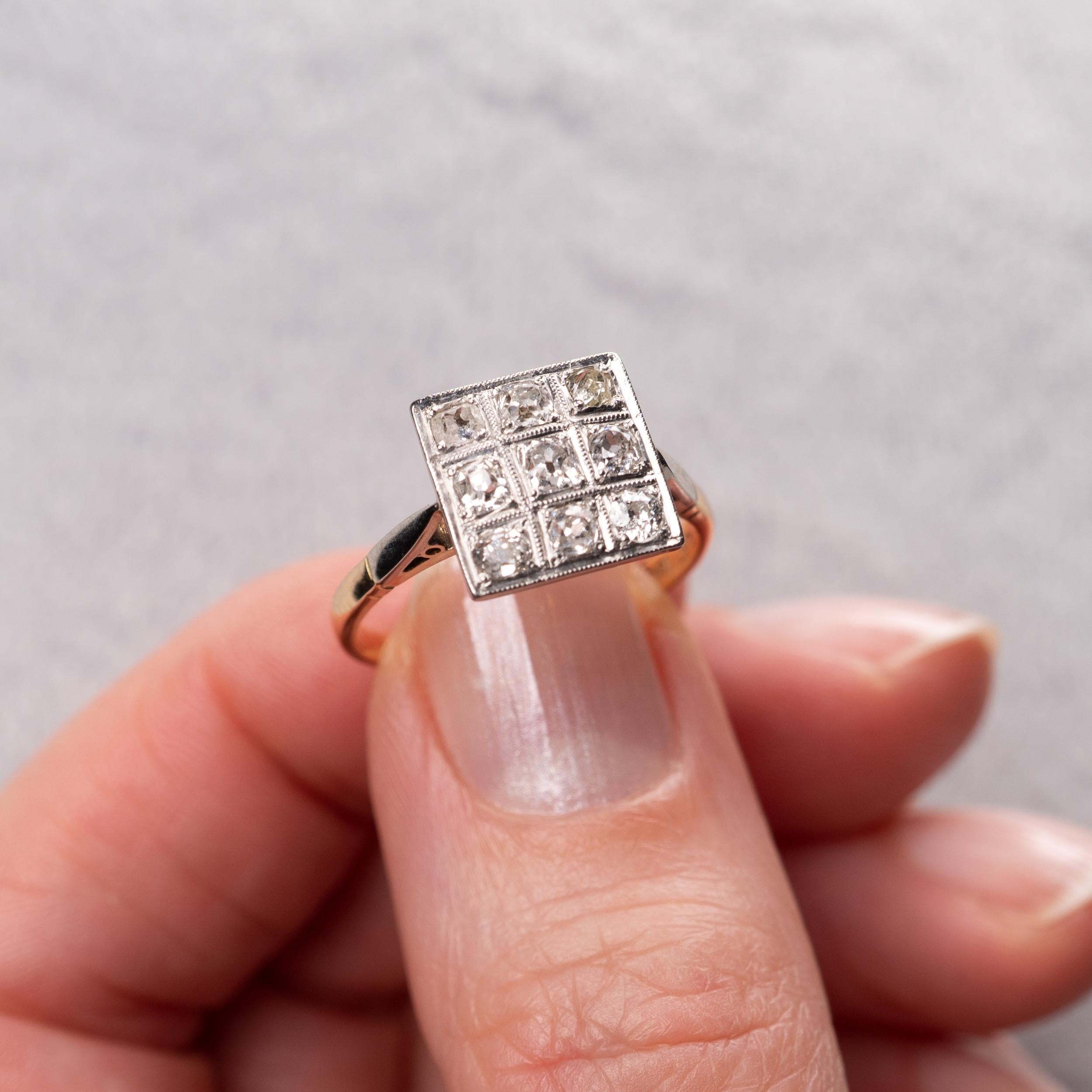 Art Deco Diamond Cocktail Ring Square Setting Old Cuts 18 Karat Gold ...