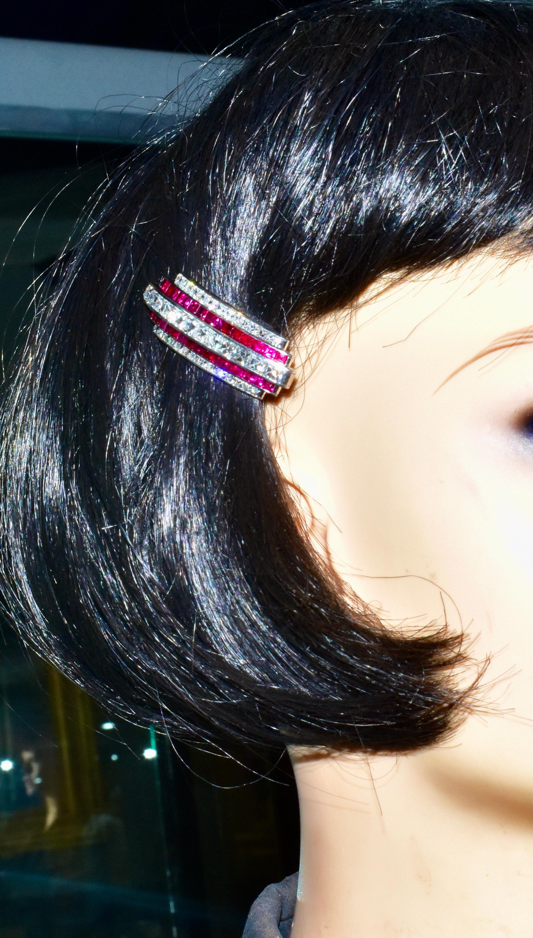 Art Deco Diamond and Colored Stone Clips/hair barrettes, one by Cartier ...