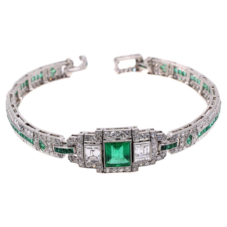 Art Deco Diamond Emerald Platinum Bracelet For Sale at 1stDibs