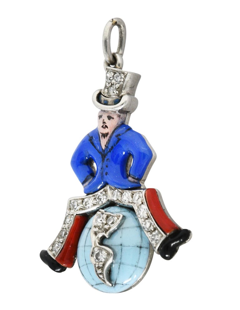 Art Deco Diamond Enamel Platinum Uncle Sam Sitting Globe Charm For Sale ...