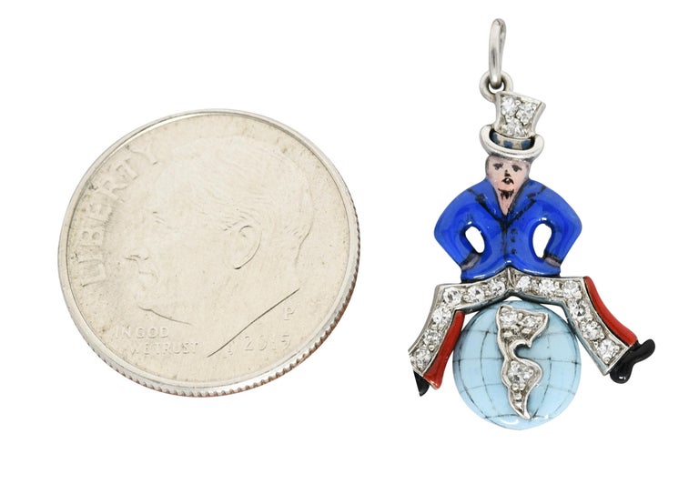 Art Deco Diamond Enamel Platinum Uncle Sam Sitting Globe Charm For Sale ...