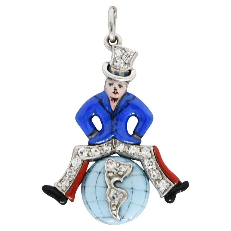 Art Deco Diamond Enamel Platinum Uncle Sam Sitting Globe Charm For Sale ...