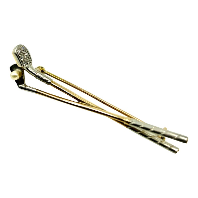 Art Deco Diamond, Pearl, Platinum, 14k Yellow Gold Golf Clubs Pin, 1920 ...