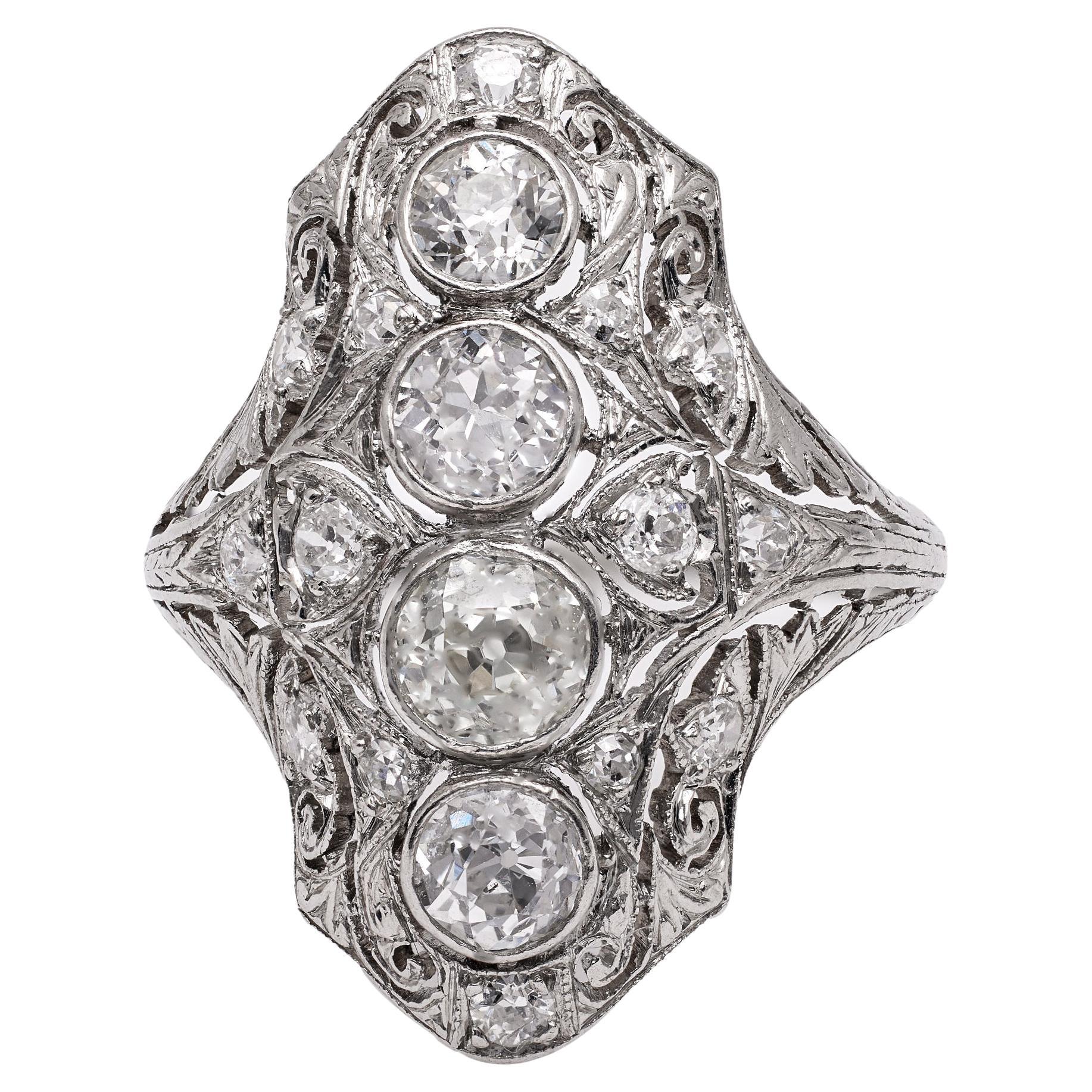Vintage 1930's Platinum 3 Stone Diamond Dinner Ring For Sale at 1stDibs