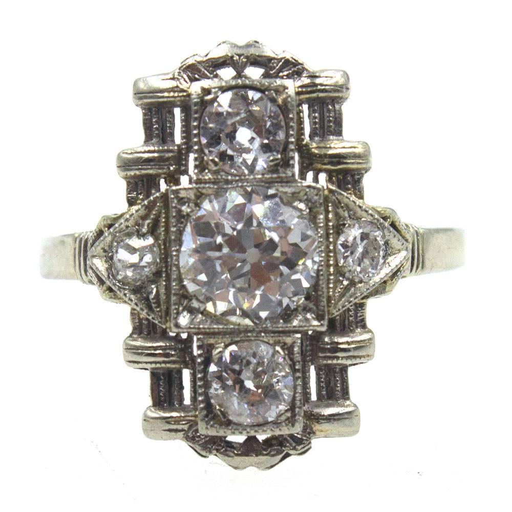 Art Deco Diamond Platinum Filigree Cocktail Ring GIA Certified at 1stDibs