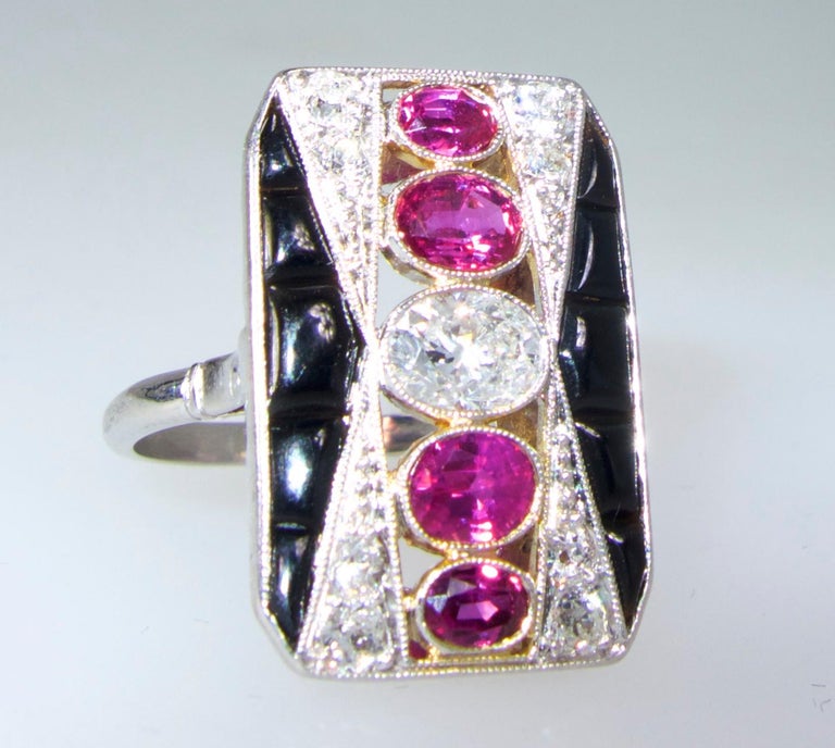Art Deco Diamond, Ruby and Onyx Ring, circa 1920 For Sale at 1stDibs