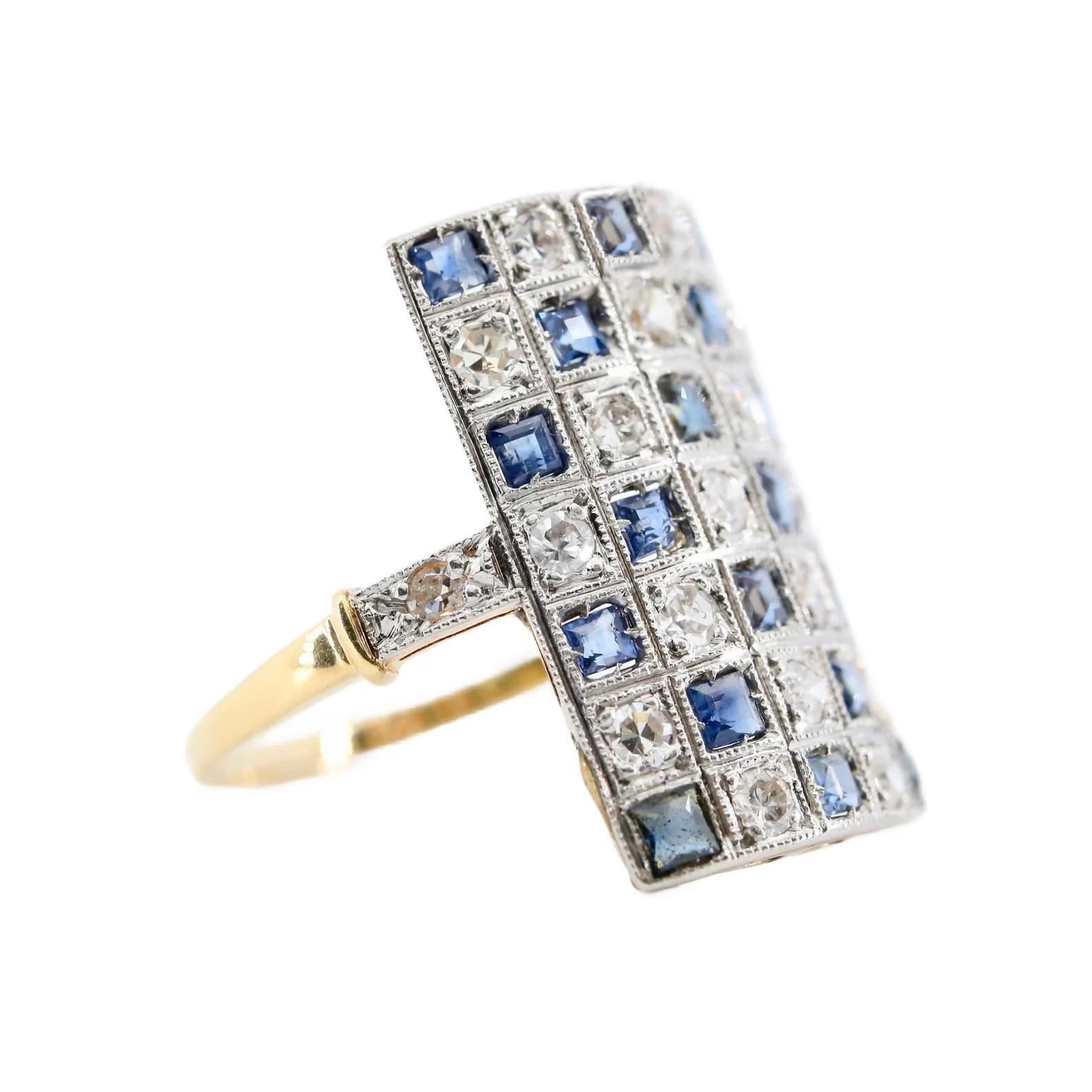 Art Deco Diamond and Sapphire Checkerboard Ring in Platinum, 18K Gold ...