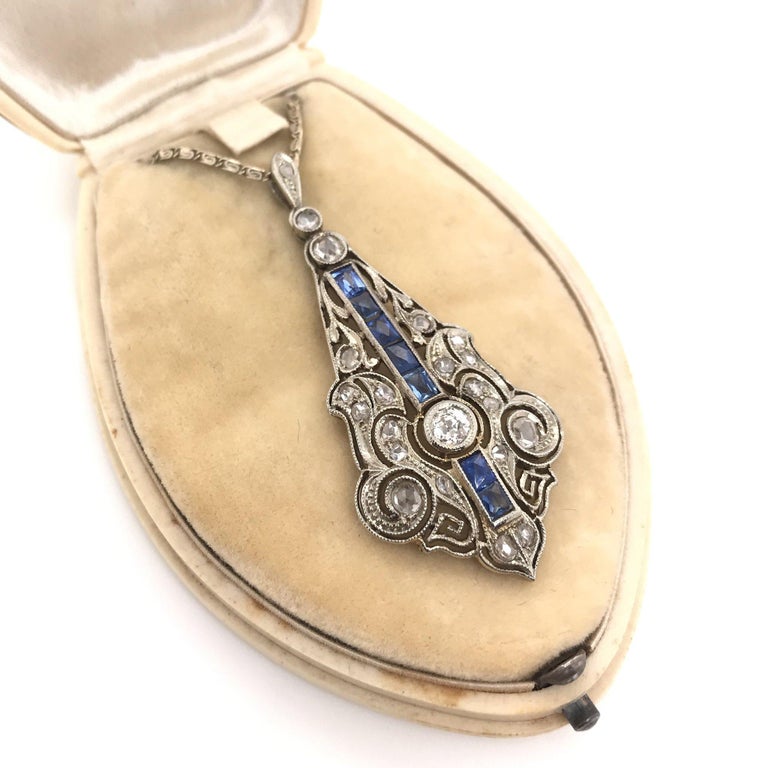 Art Deco Diamond and Sapphire Lavalier Necklace at 1stDibs
