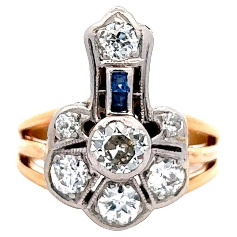 Art Deco Diamond Sapphire Platinum 14 Karat Yellow Gold Dinner Ring For ...